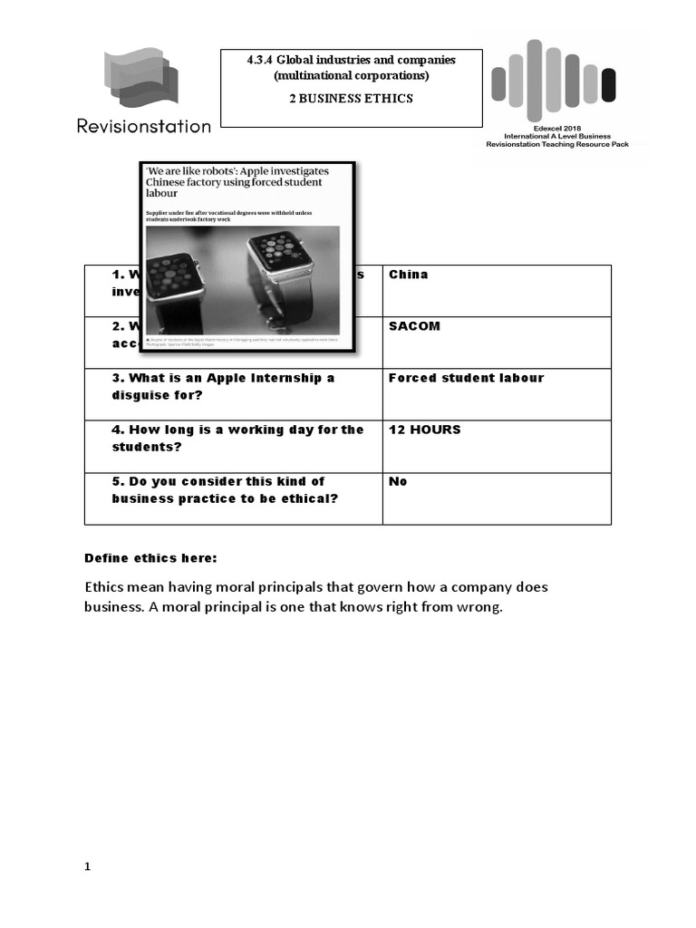Lesson 63 - BUSINESS ETHICS WORKSHEET | Download Free PDF | Cost Of ...
