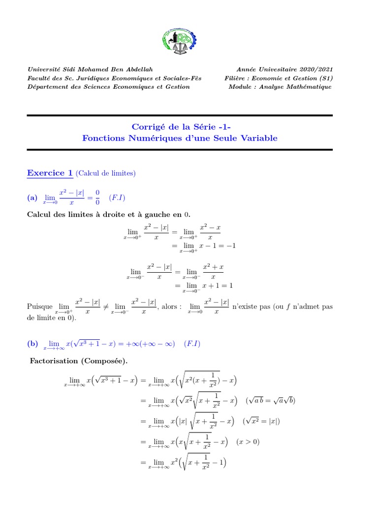 CORRIGÉ SERIE 1 Analyse Math | PDF | Limite (mathématiques) | Fonction monotone