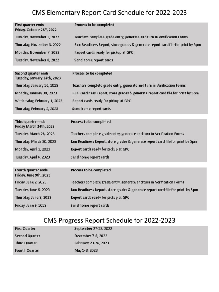 2022-2023 CMS Elementary Report Card Schedule PDF | PDF