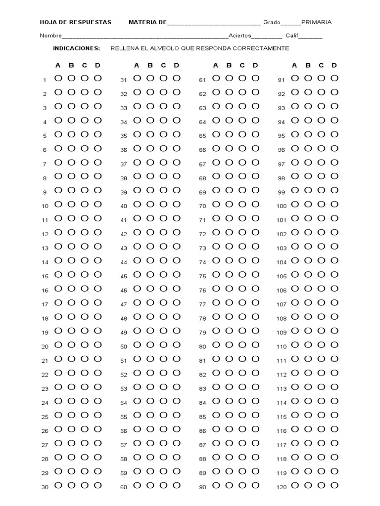 Hoja De Respuestas De 100 Preguntas Para Imprimir 6º EXAMEN TRIMESTRE