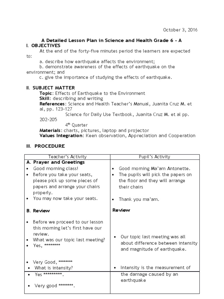 A Detailed Lesson Plan In Science Grade 6 Pdf Tsunami Earthquakes