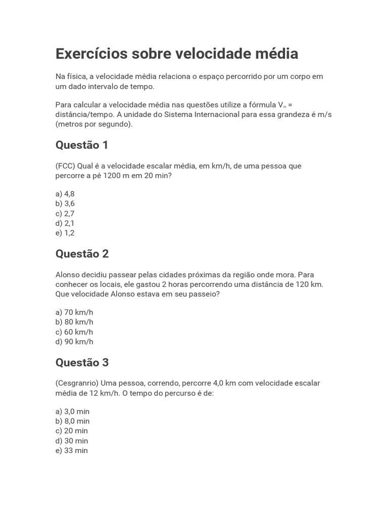 Exercícios Sobre Velocidade Média | PDF | Velocidade | Tempo