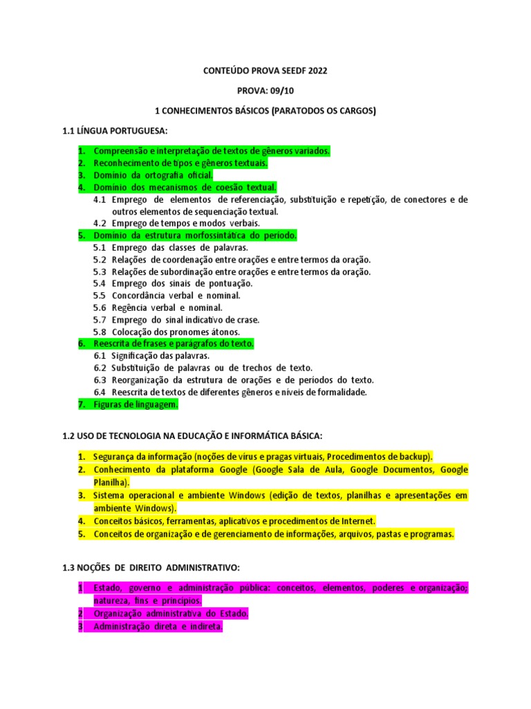 Conteúdo Prova Seedf 2022 | PDF | Pedagogia | Brasil