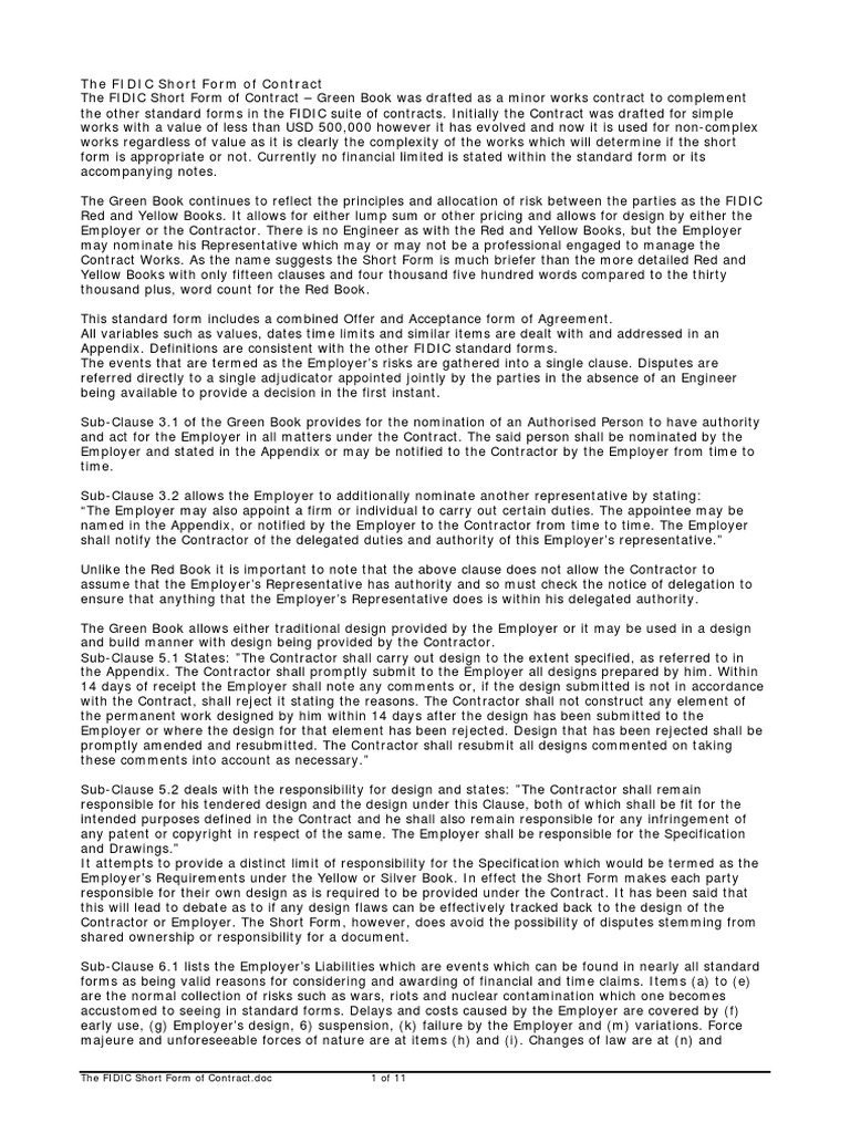 The Fidic Short Form of Contract | PDF | Employment | Legal Liability