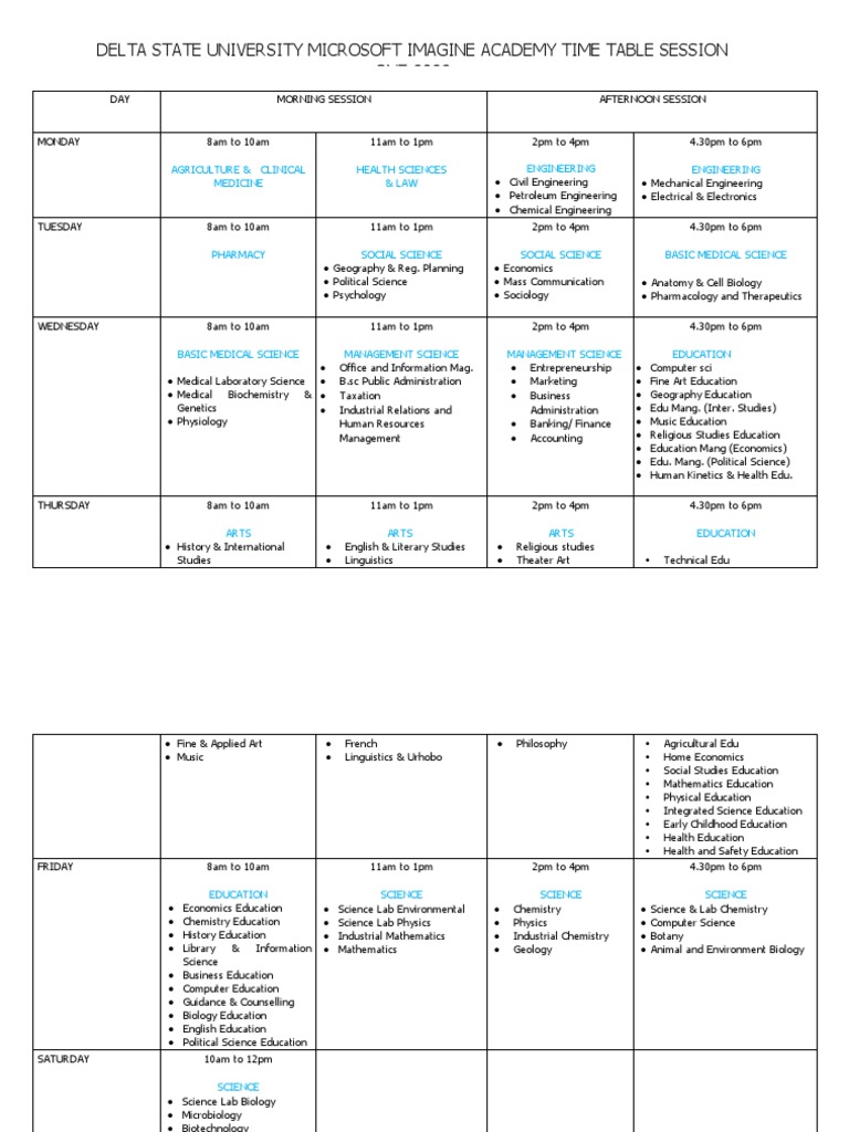 Delsu MIA Time Table 2023 Update-2 | PDF | Science | Engineering