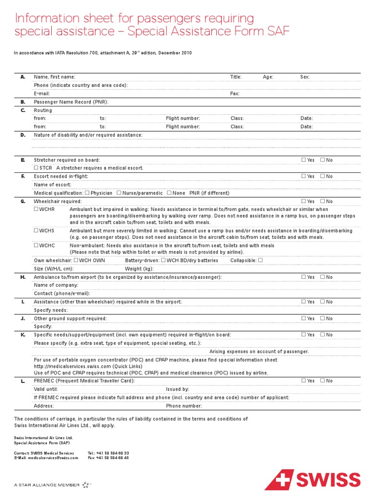Swiss Airlines Medical Form | PDF | Breathing | Clinical Medicine
