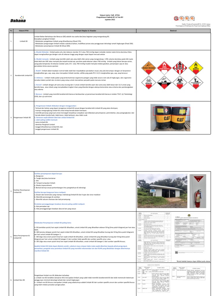 Materi Safety Talk Agustus 2022 (Pengelolaan Limbah B3 & Non B3) | PDF
