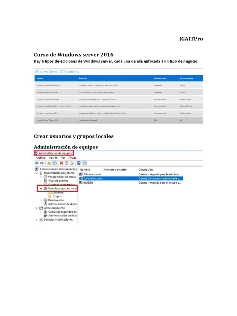 Curso de Windows Server 2016 | PDF | Servidor (Computación) | Usuario ...
