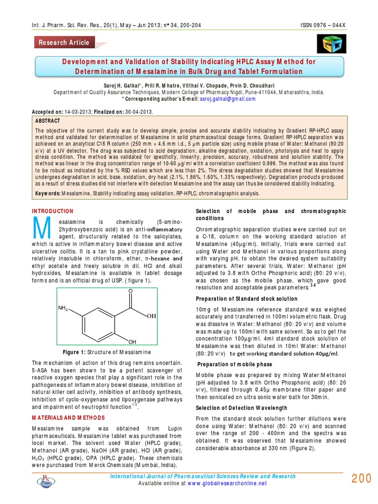 Determination of Mesalamine in Bulk Drug and Tablet Formulation PDF | PDF | High Performance ...