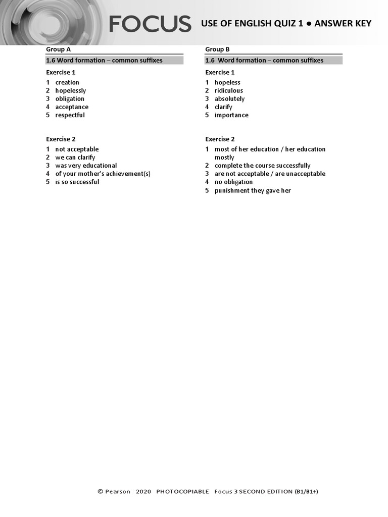 Focus3 2E UoE Quiz Unit1 GroupA B ANSWERS PDF | PDF