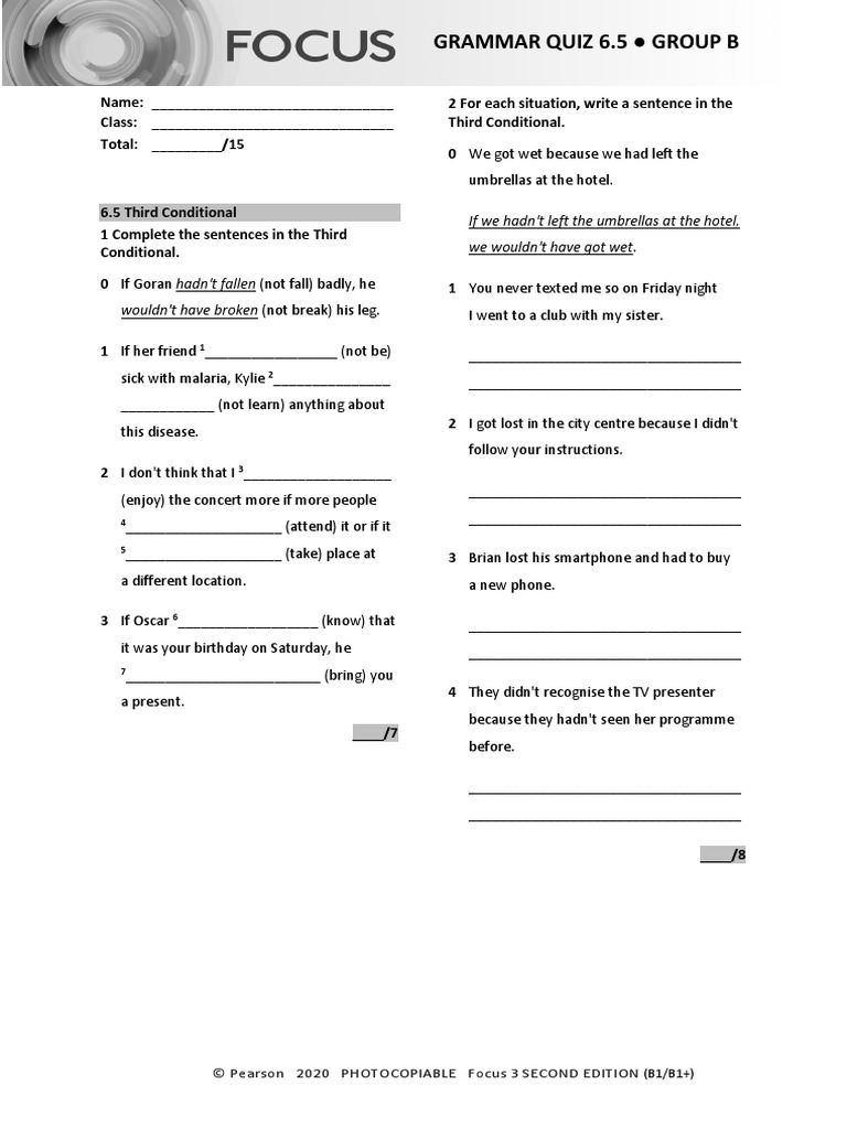 Focus3 2E Grammar Quiz Unit6 5 GroupB PDF | PDF