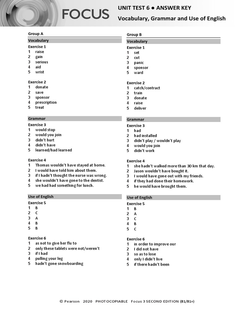 Focus3 2E Unit Test Vocabulary Grammar UoE Unit6 GroupA B ANSWERS | PDF