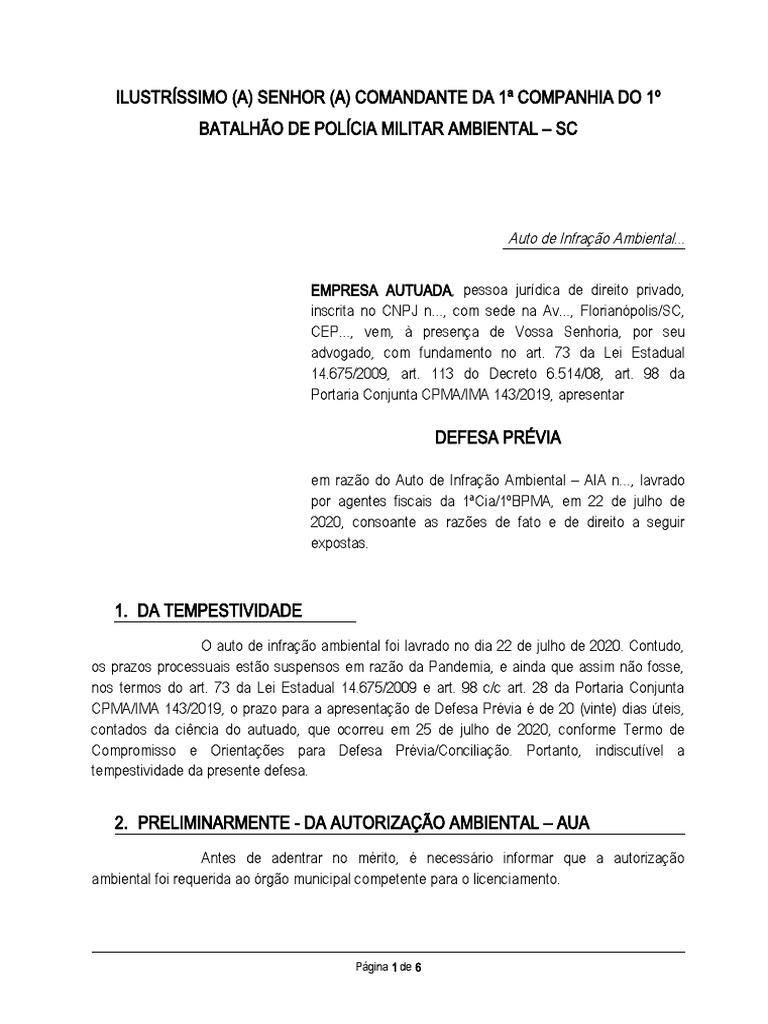 MODELO Defesa Previa Polícia Militar Ambiental Bis in Idem | PDF ...