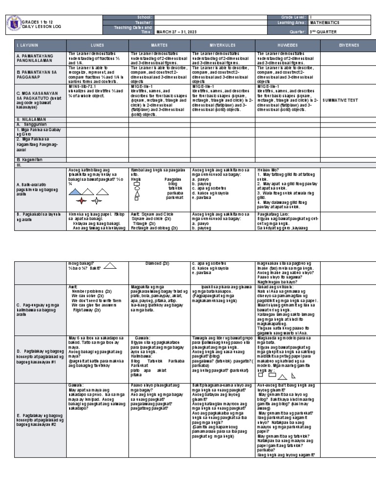 DLL - Mathematics 1 - Q3 - W3 | PDF | Learning | Elementary Geometry
