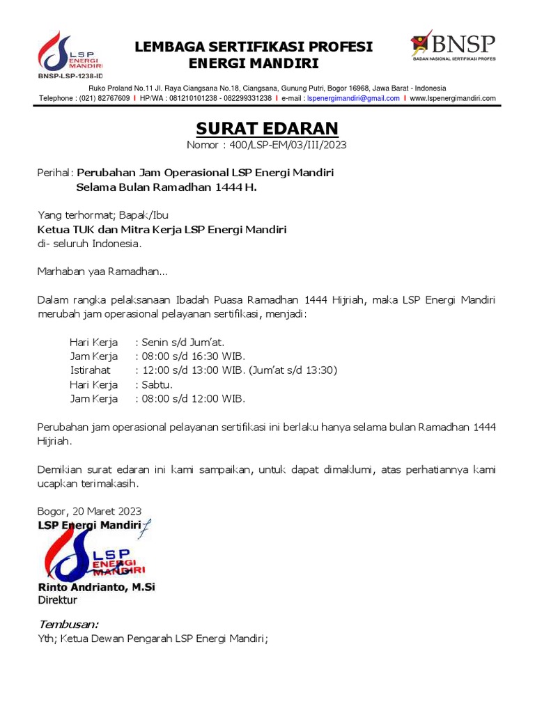 400 - Surat Edaran Jam Operasional Ramadhan 1444 H PDF | PDF