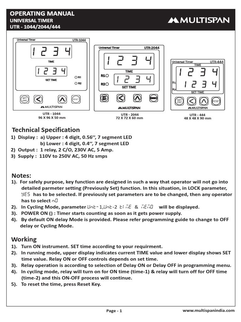 User Manual for the Universal Timer UTR-1044/2044/444: Operating Instructions, Technical ...