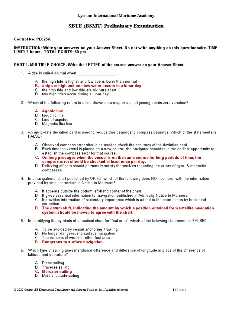 Sbte BSMT Midterm Set A - Answer Key | PDF | Tide | Compass