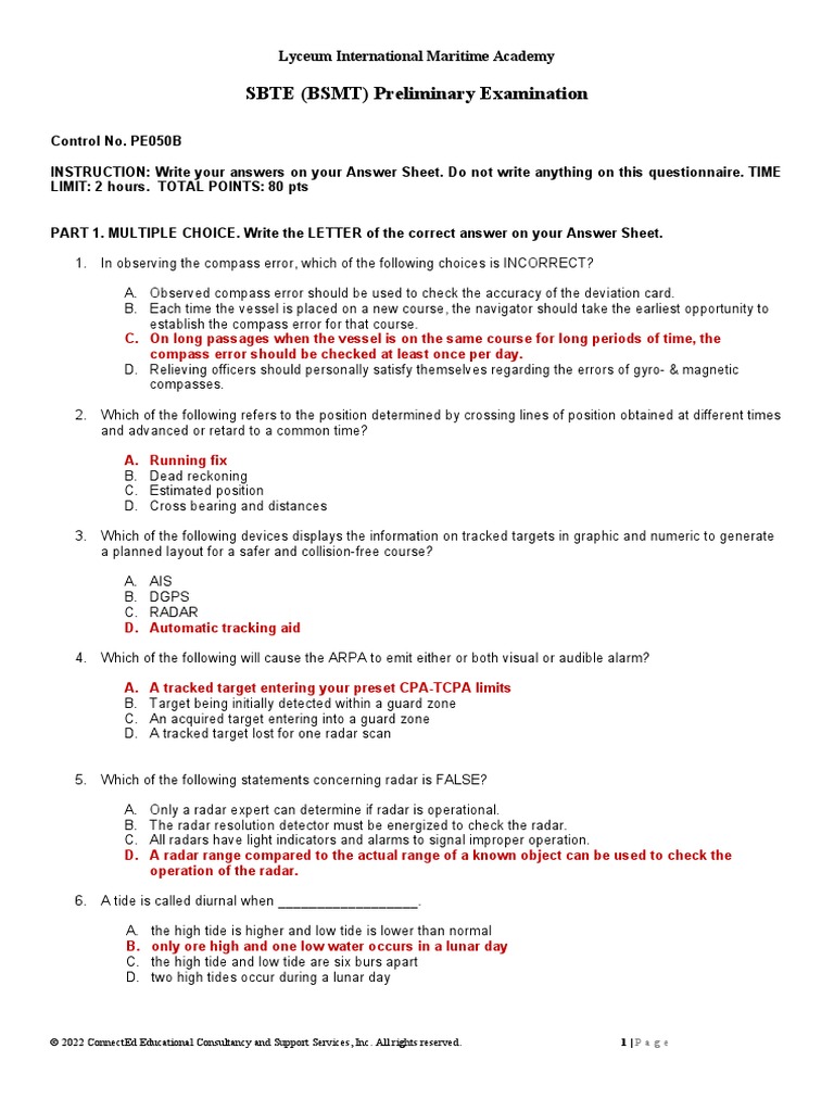 Sbte BSMT Midterm Set B - Answer Key | PDF | Tide | Compass