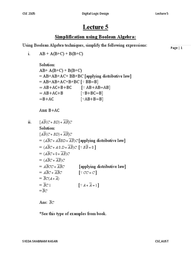 Lecture 5 Simplification Using Boolean Algebra Pdf Pdf