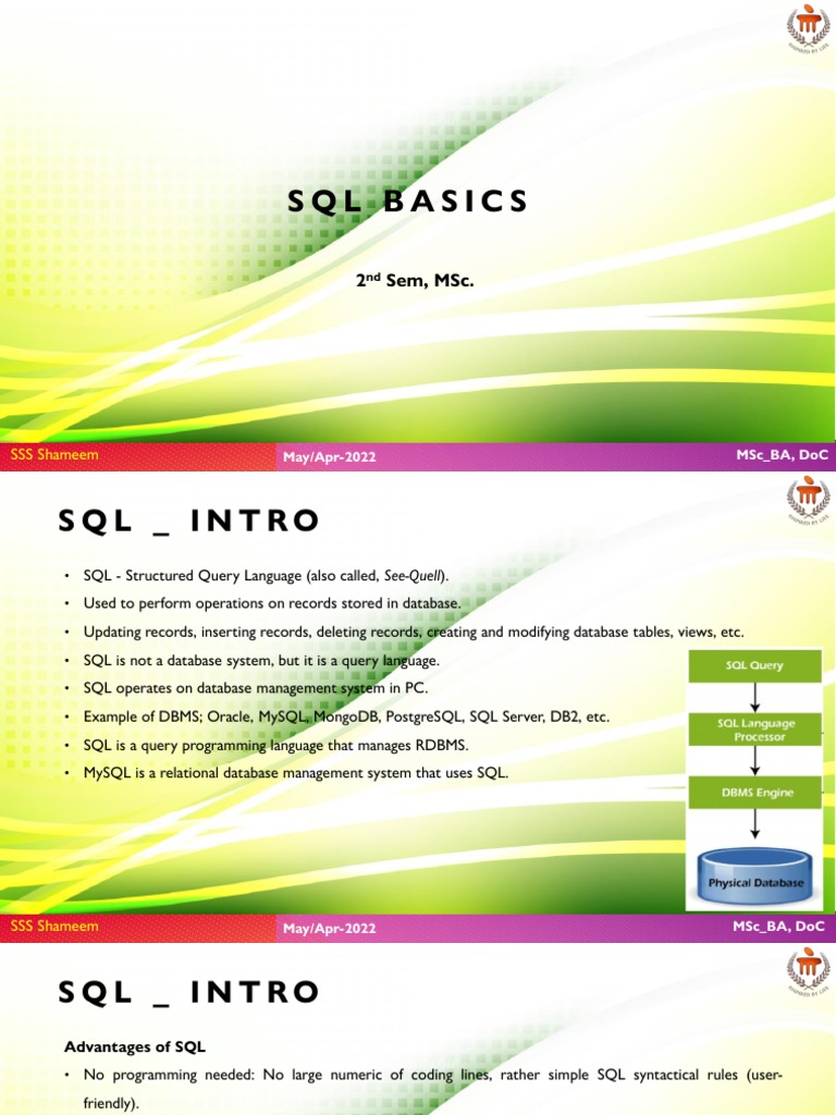 Sql Basics 2 Sem Msc Pdf Sql Relational Database 6812