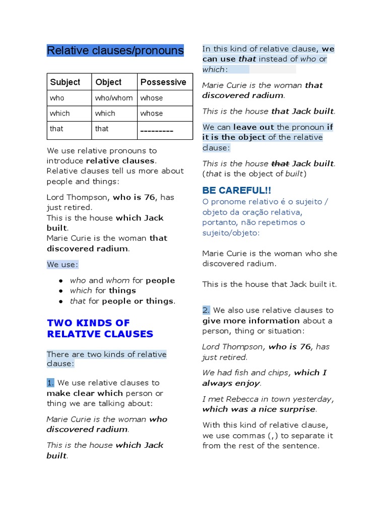 Relative Clauses | PDF | Verb | Syntactic Relationships