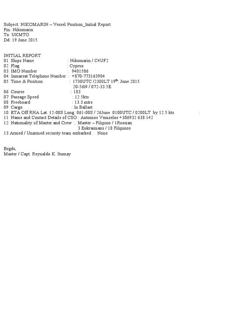 Nikomarin Initial Report to UKMTO | PDF | Science & Mathematics