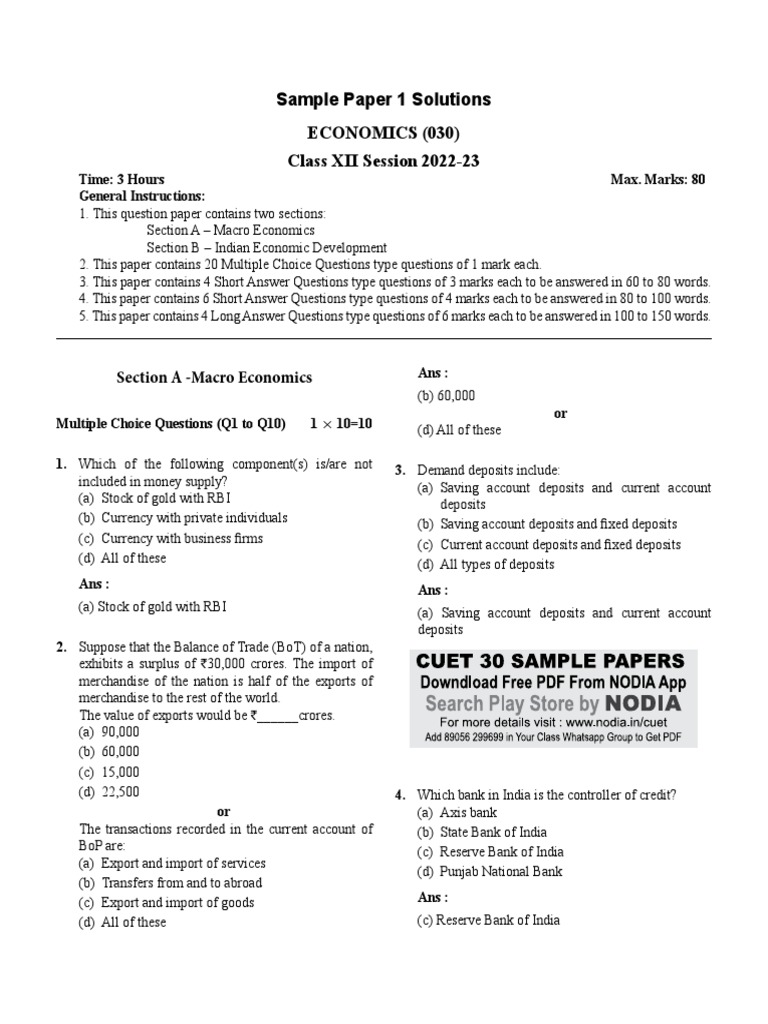 20 Sample Papers - Economics (Solved) PDF | PDF | Fiscal Multiplier ...