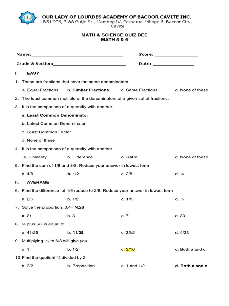 Answer Key - Quiz Bee | PDF | Ratio | Arithmetic