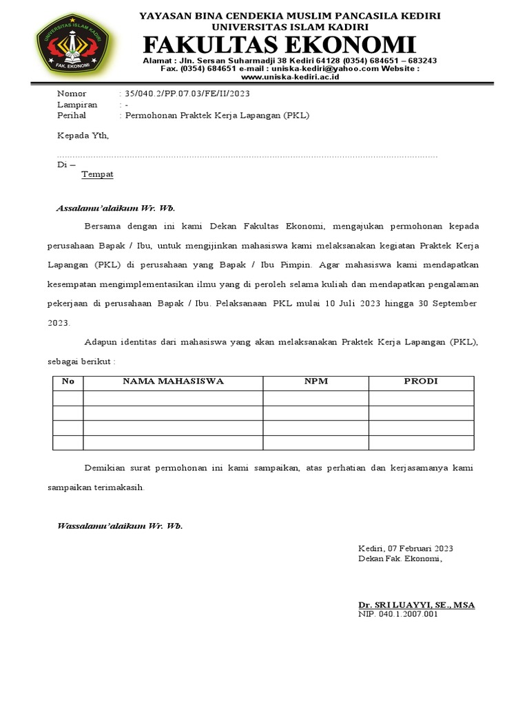 Formulir Pendaftaran PKL Jalur Mandiri 2023 | PDF