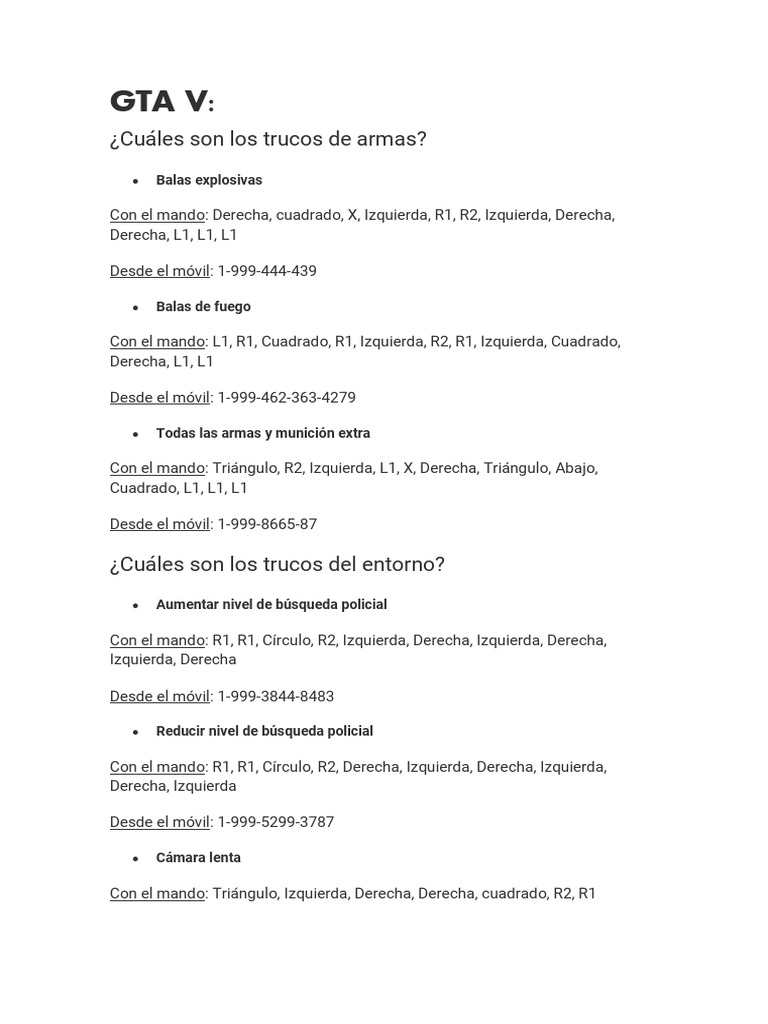 Guía completa de trucos y códigos para GTA V y GTA San Andreas | PDF | Bienes manufacturados