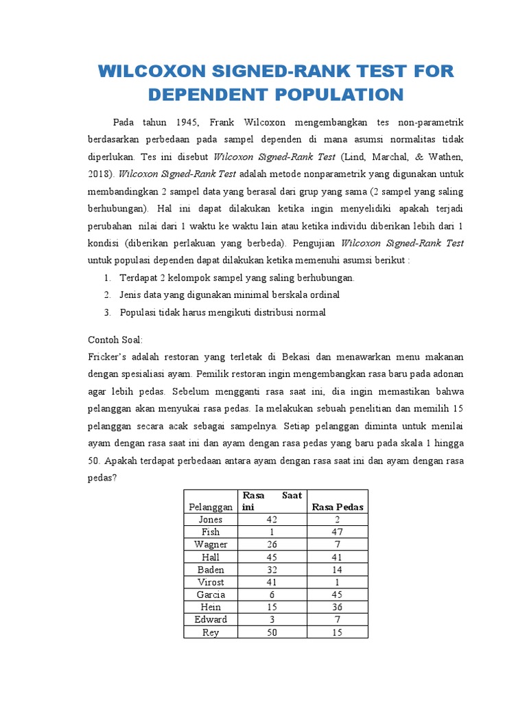 Uji Wilcoxon untuk Populasi Dependen | PDF