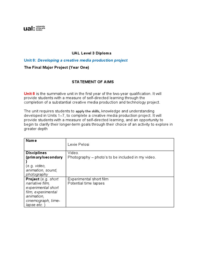 Statement of Aims Complete - Lexie Pelosi | PDF | Camera