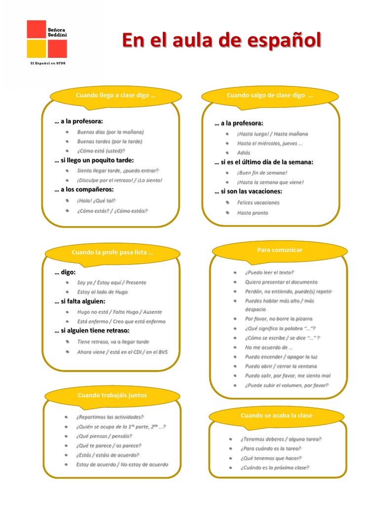 Frases para comunicar en clase de español | PDF | Artes del Lenguaje y ...