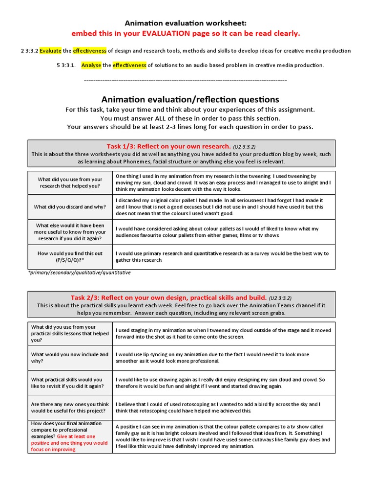 Animation Evaluation Worksheet 2223 | PDF | Communication | Learning