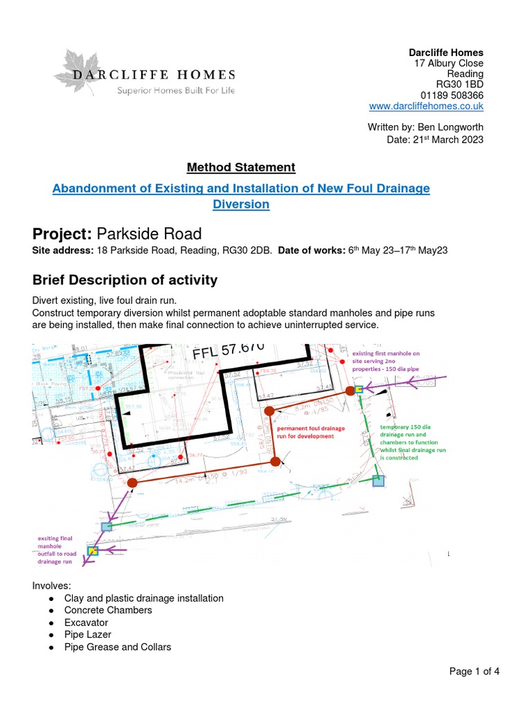 Foul Drainage Diversion Method Statement | PDF | Occupational Safety ...