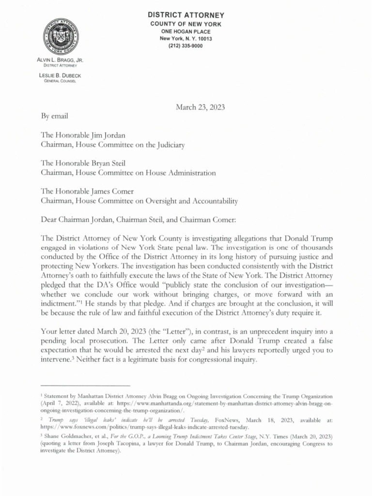 Letter in Response From Manhattan DA To House Judiciary Committee Chair ...
