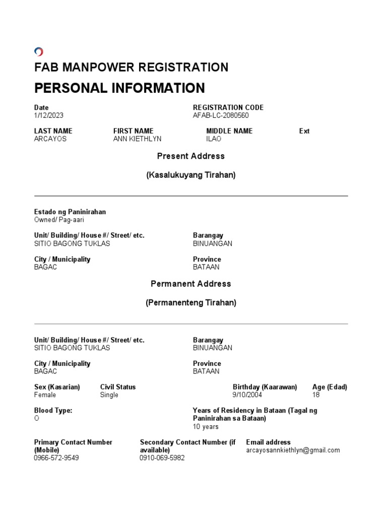 LC.01 Manpower Registration Form - AFAB-LC-2080560 | PDF