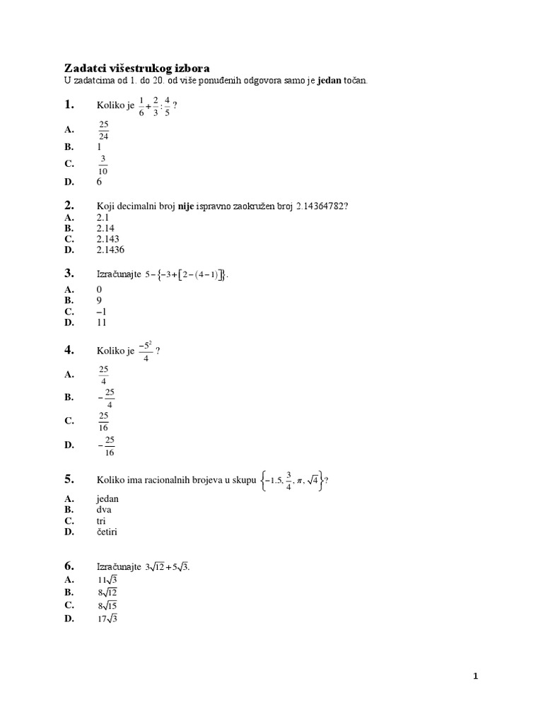 Primjer Nacionalnog Ispita Iz Matematike PDF | PDF