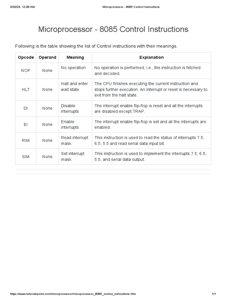 Microprocessor - 8085 Control Instructions | PDF