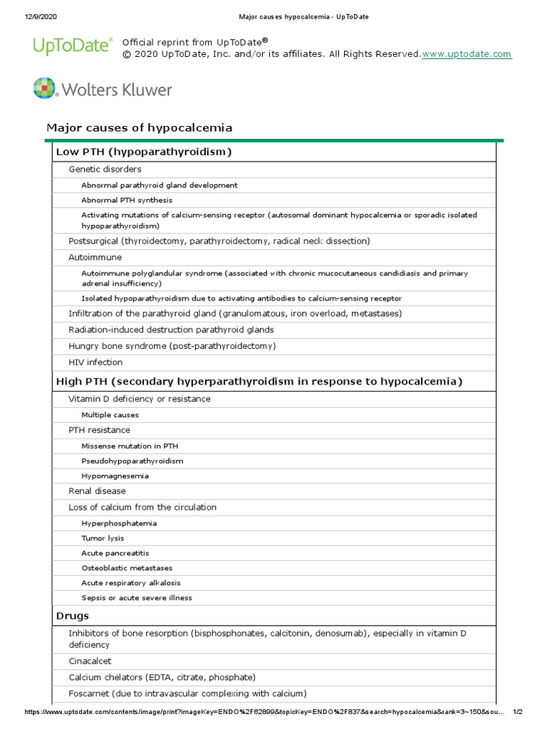 Major Causes Hypocalcemia - UpToDate PDF | PDF | Parathyroid Gland | Medical Specialties