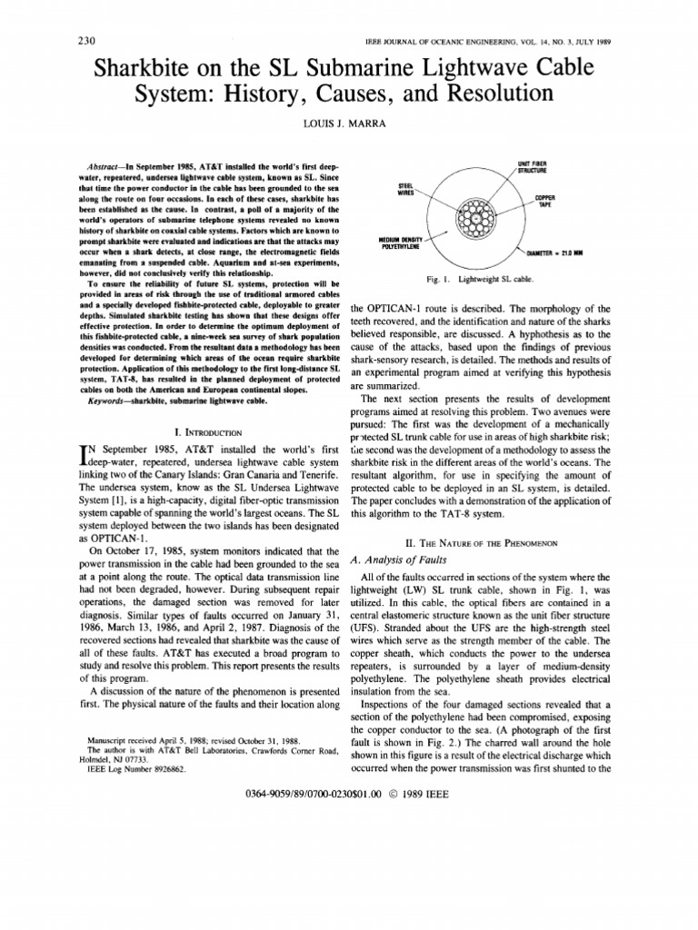 Marra - 1989 - Sharkbite Submarine Cable | PDF | Sharks | Optical Fiber