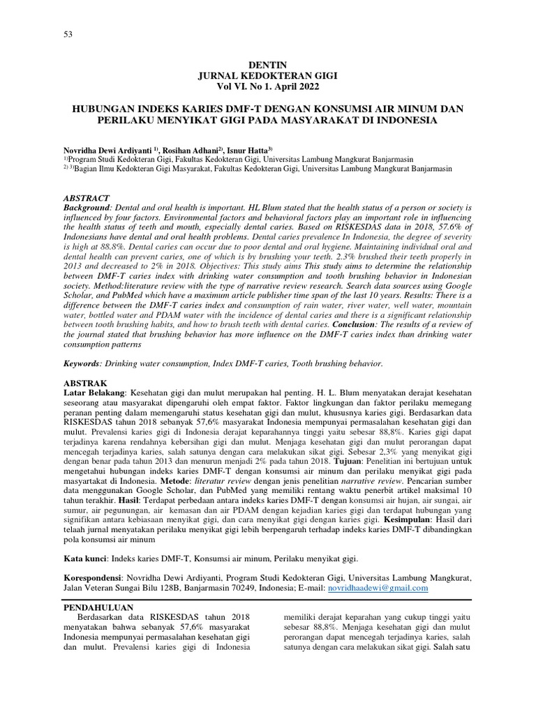 Hubungan Indeks Karies DMF-T Dengan Konsumsi Air Minum Dan PDF | PDF | Human Tooth | Mouth