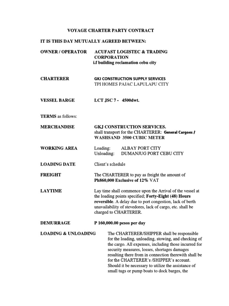Voyage Charter Party Contract | PDF | Cargo | Water Transport