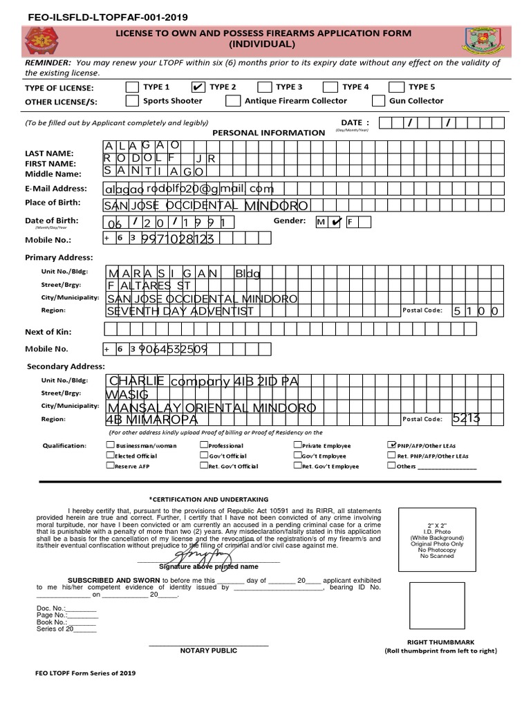 Individual Application License To Own and Possess Firearm PDF | PDF | Government | Common Law