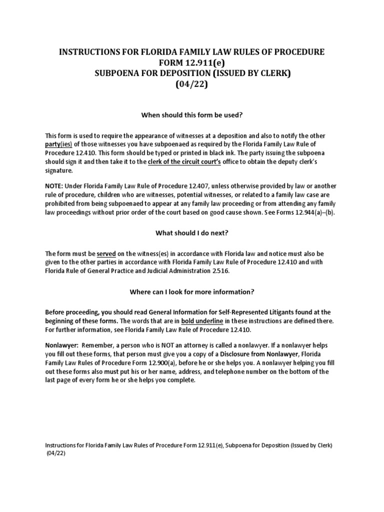 Instructions For Florida Family Law Rules of Procedure FORM 12.911 (E ...