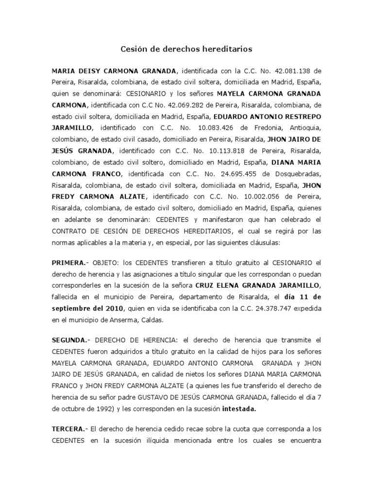 CESIÓN DERECHOS HERENCIALES | PDF | Derecho Civil (Common Law) | Ley de ...