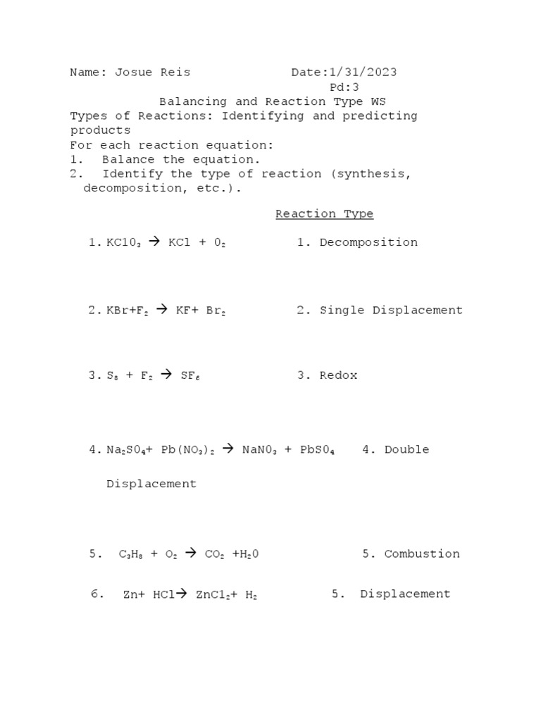 Balancing and Reaction Type WS | PDF