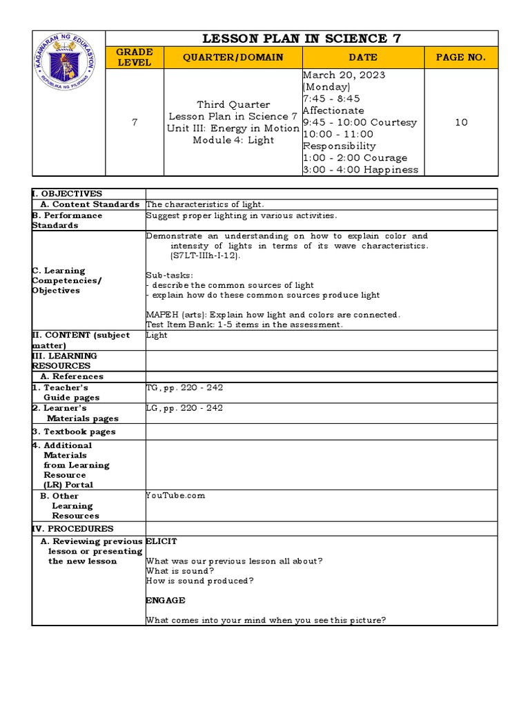 Lesson Plan Light | PDF | Light | Physical Phenomena