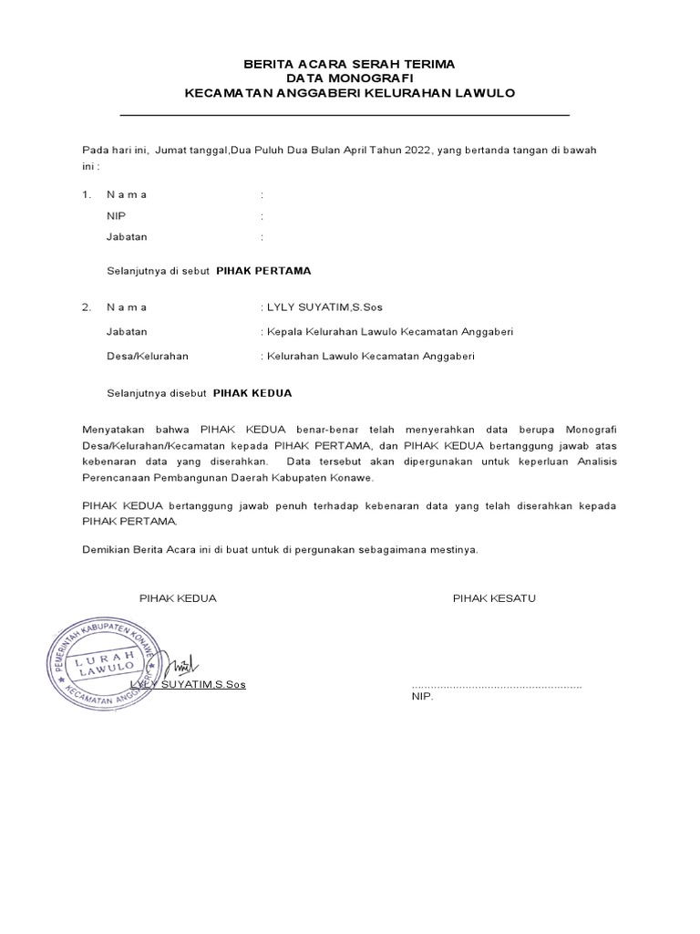 Ba Serah Terima Data Monografi Kel Lawulo | PDF
