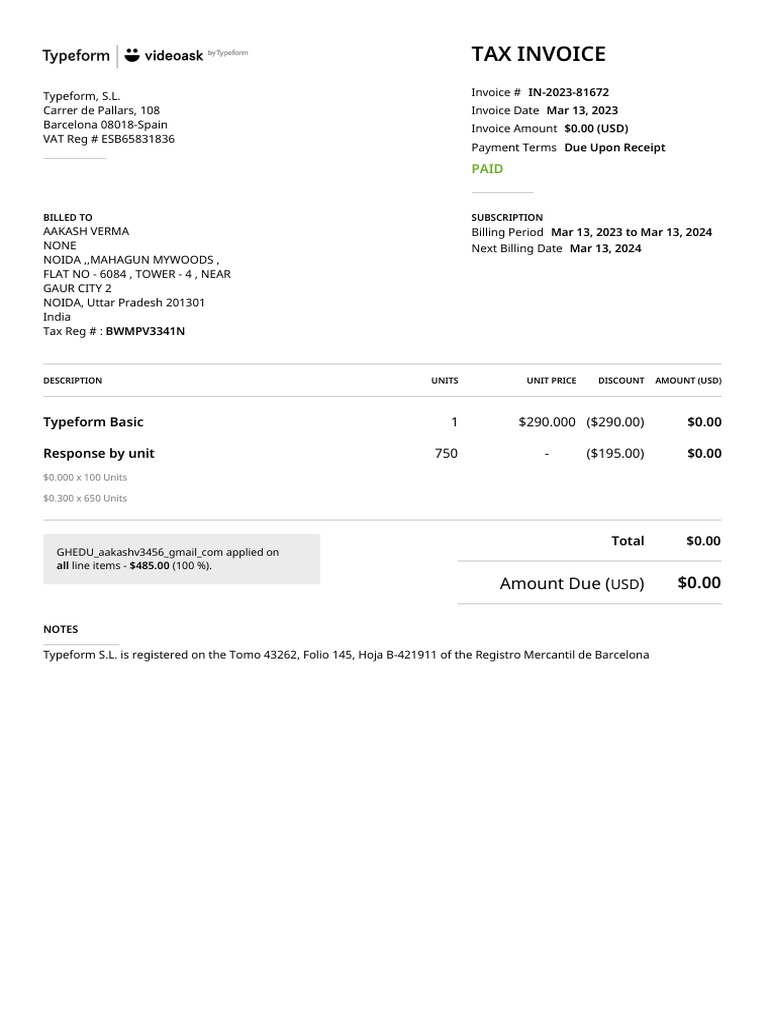 Typeform Invoice for Aakash Verma | PDF | Invoice | Taxes